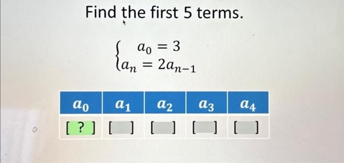 Solved Find the first 5 terms. {a0=3an=2an−1 | Chegg.com