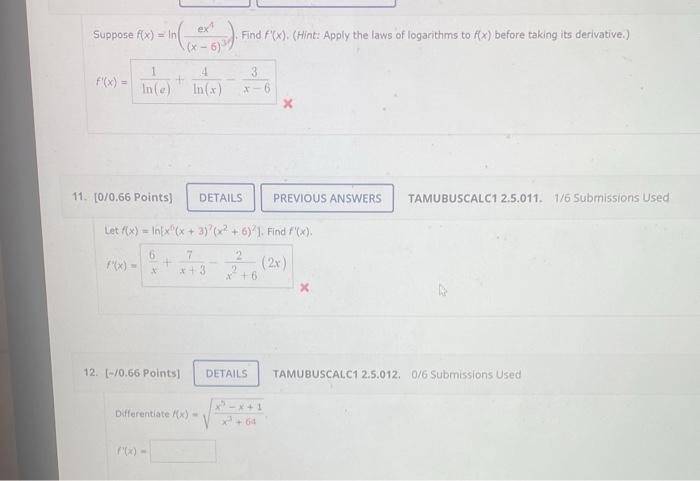 Solved Suppose f(x)=ln((x−6)3ex4). Find f′(x). (Hint: Apply | Chegg.com