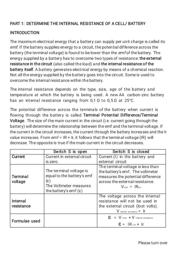 PART 1: DETERMINE THE INTERNAL RESISTANCE OF A CELL/ | Chegg.com