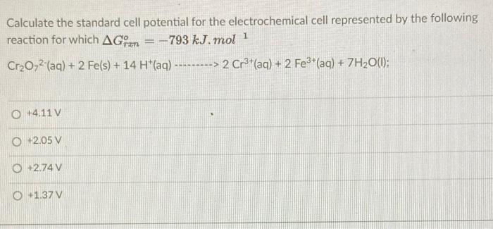 Solved Calculate the standard cell potential for the | Chegg.com