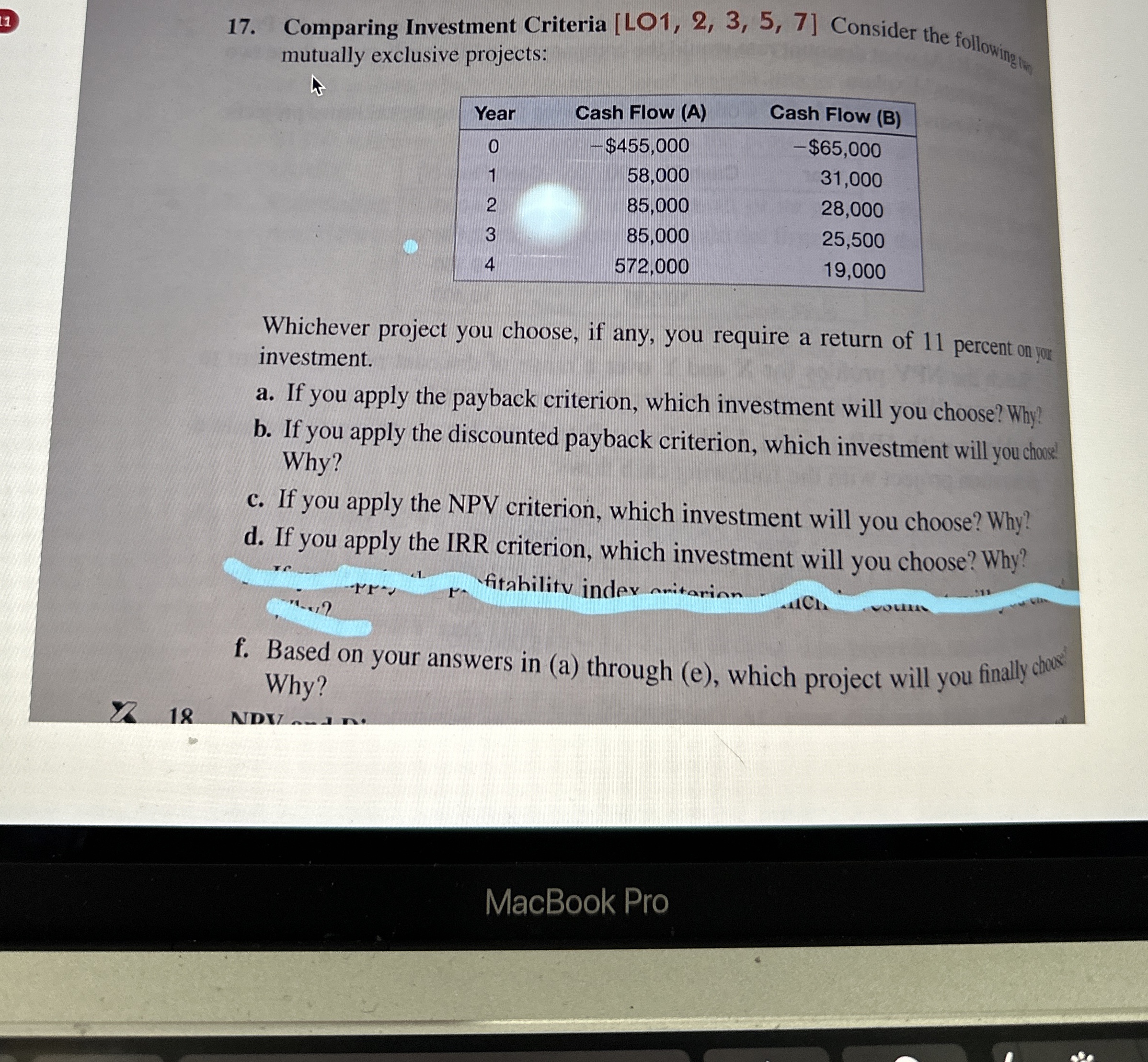 Solved Comparing Investment Criteria [LO1, 2, 3, 5, 7] | Chegg.com