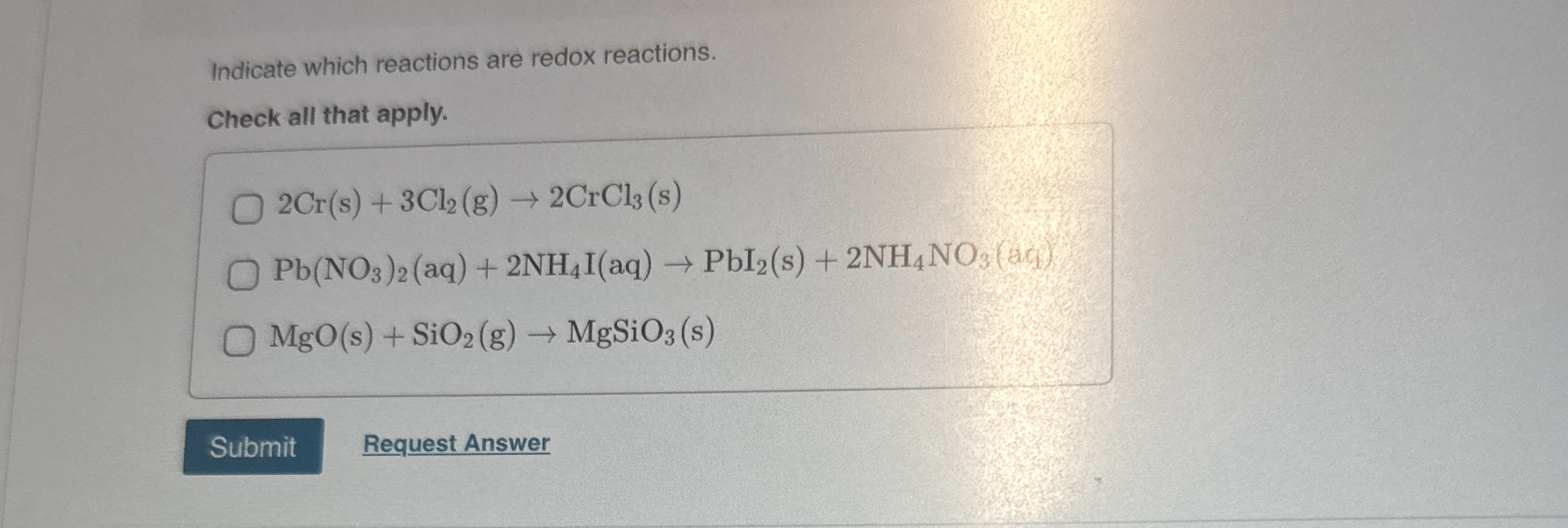 Solved Indicate which reactions are redox reactions.Check | Chegg.com