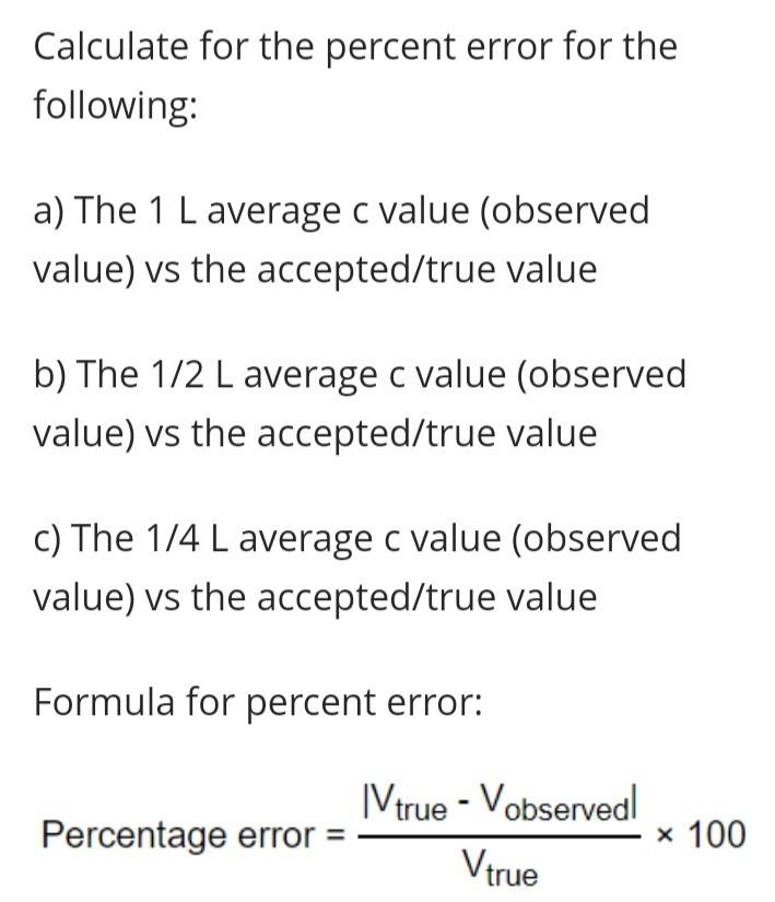 Solved Calculate for the percent error for the following: a) | Chegg.com