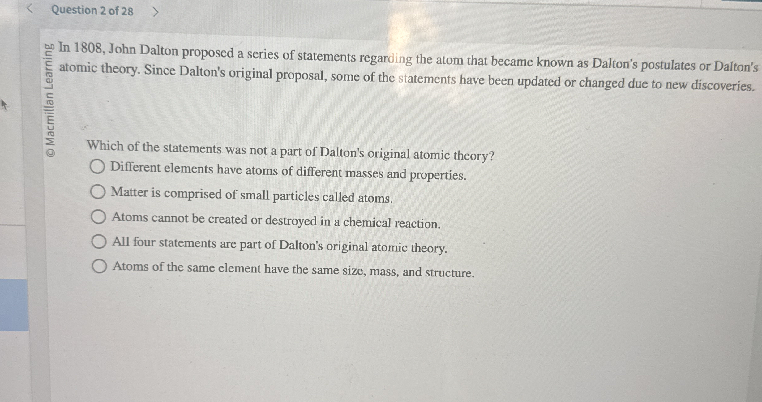 Solved Question 2 ﻿of 28an In 1808, ﻿John Dalton proposed a | Chegg.com