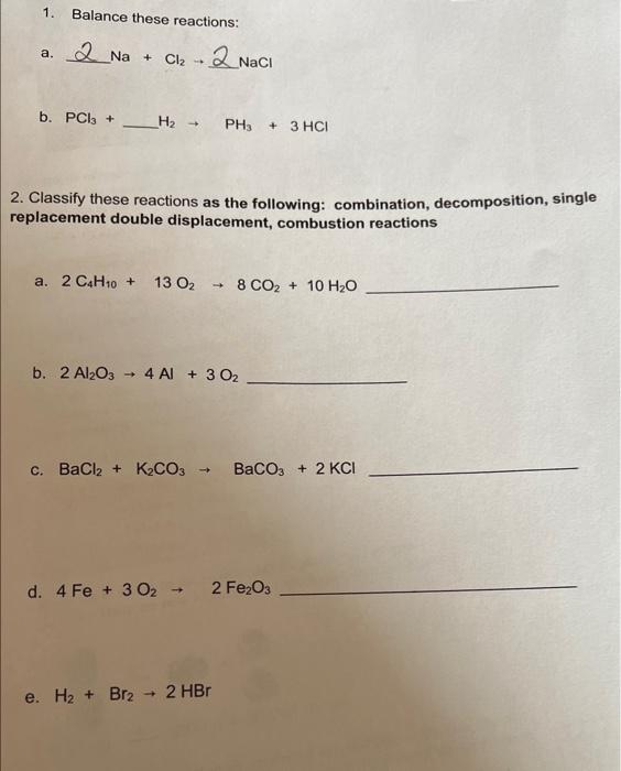 Solved 1. Balance these reactions: a. 2Na+Cl2→2NaCl b. | Chegg.com