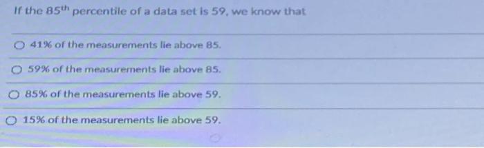 Solved If the 85th percentile of a data set is 59, we know | Chegg.com