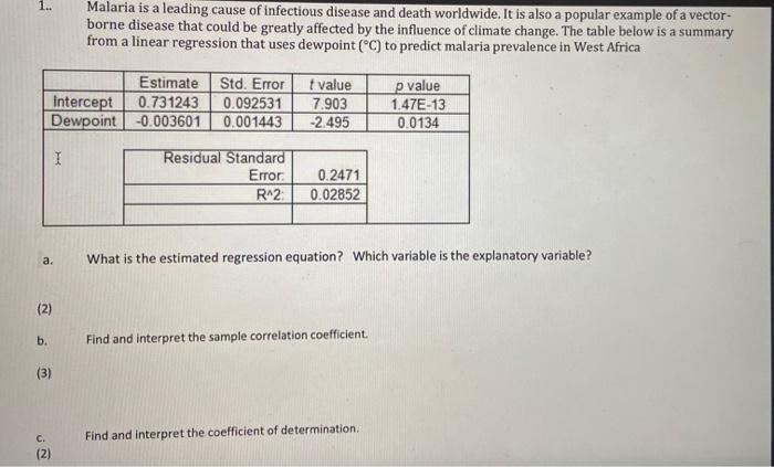 Solved 1.. Malaria is a leading cause of infectious disease | Chegg.com