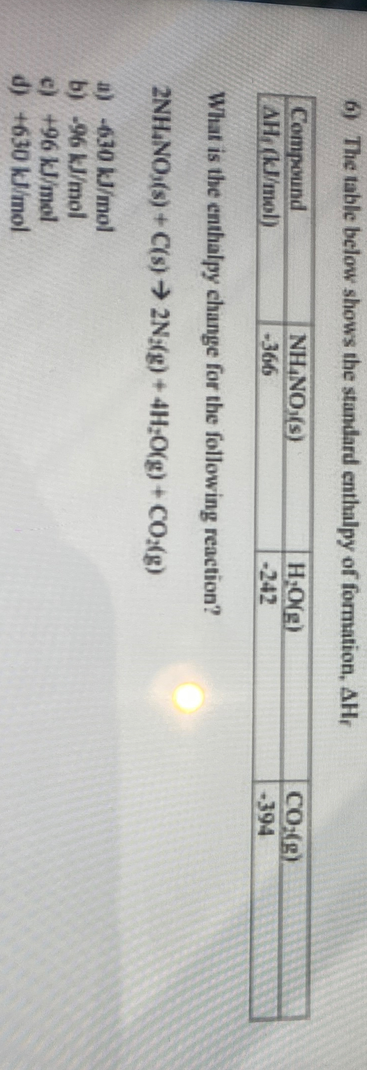 Solved The table below shows the standard enthalpy of | Chegg.com