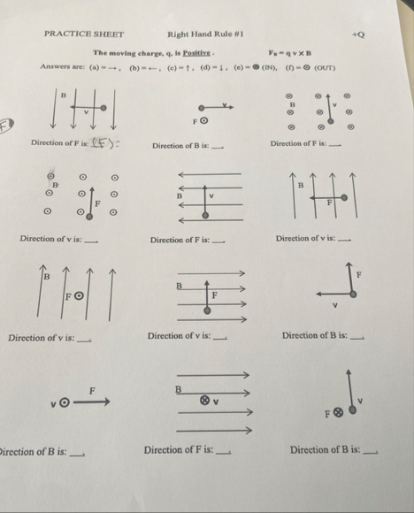 Solved PRACTICE SHEETRight Hand Rule #1 ﻿QThe moving charge, | Chegg.com