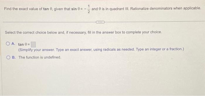Solved Find the exact value of \\( \\tan \\theta \\), given | Chegg.com
