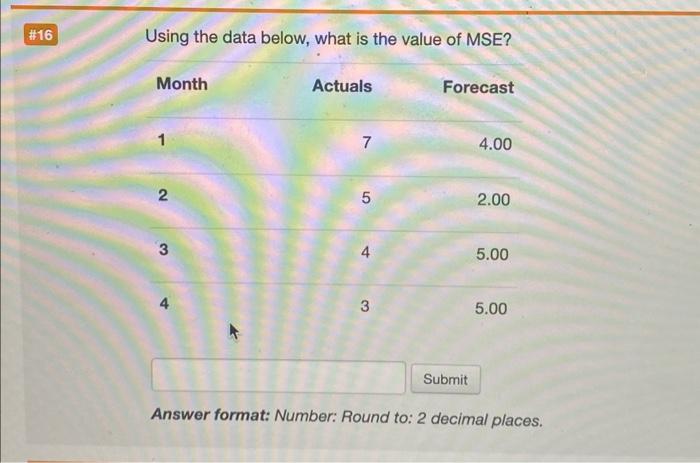 Solved Using the data below, what is the value of MSE? | Chegg.com