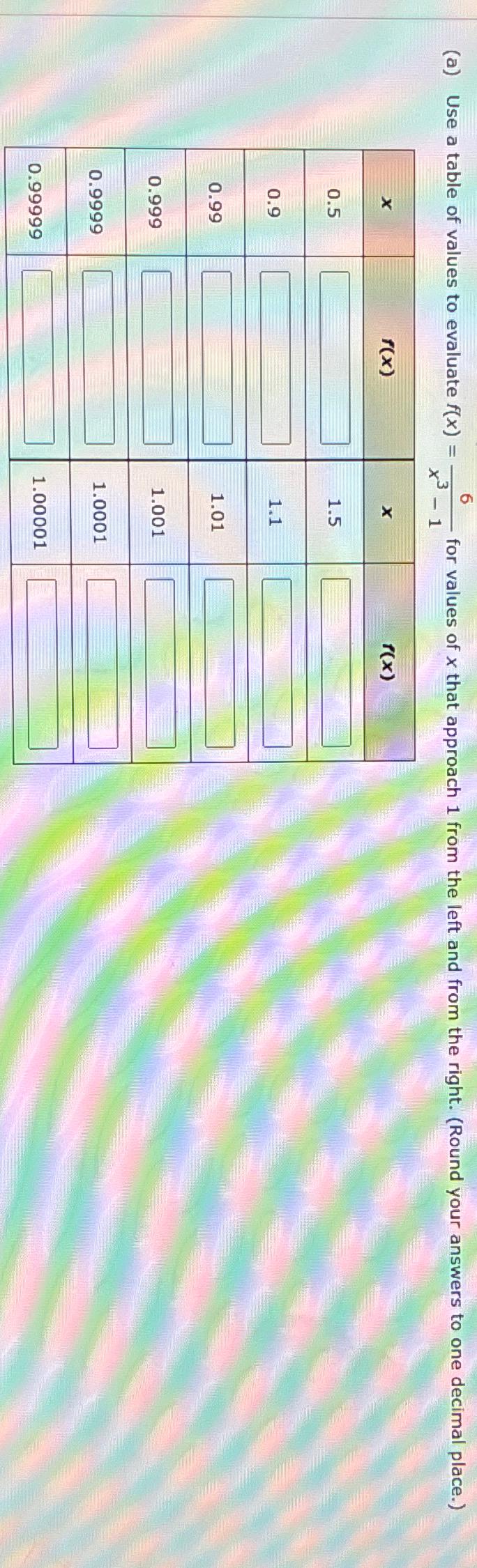 Solved (a) ﻿Use a table of values to evaluate f(x)=6x3-1 | Chegg.com