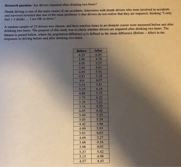 Solved Research question: Are drivers impaired after | Chegg.com