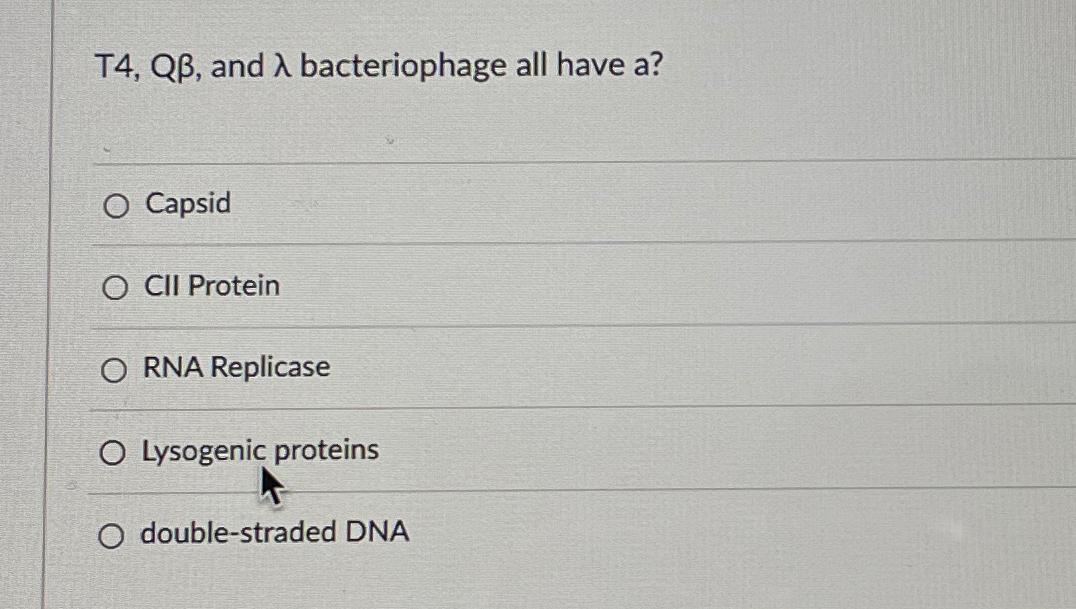 Solved T4,Qβ, ﻿and λ ﻿bacteriophage all have a ?CapsidCII | Chegg.com