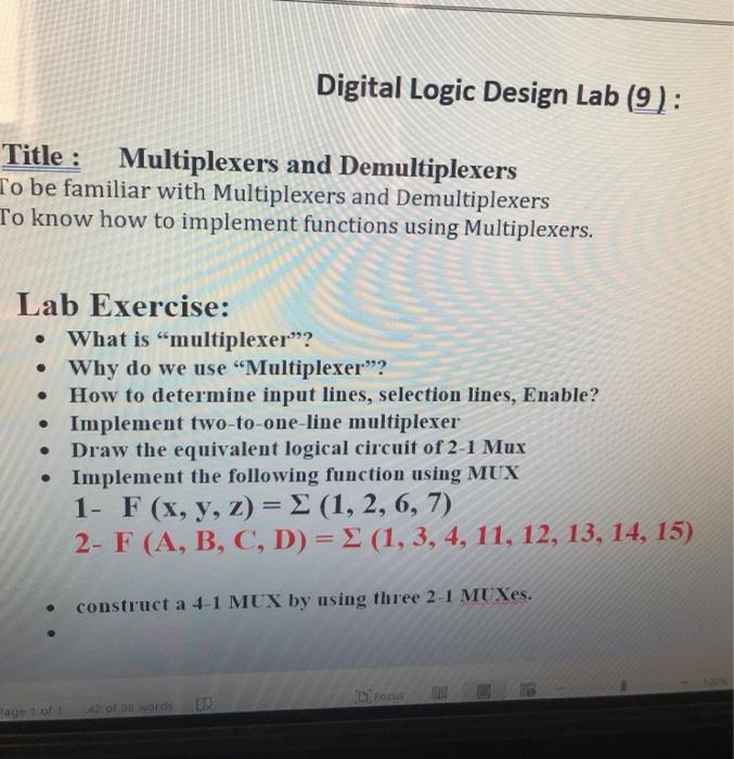 Solved Digital Logic Design Lab (9): Title : Multiplexers | Chegg.com