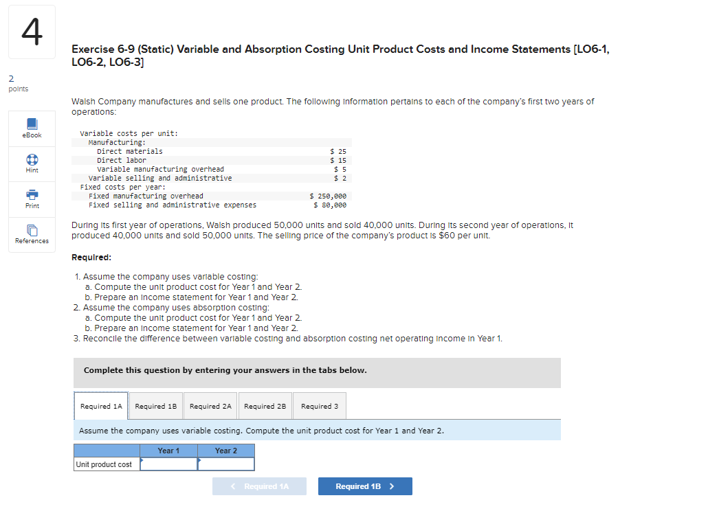 Solved Exercise 6-9 (Static) ﻿Variable and Absorption | Chegg.com