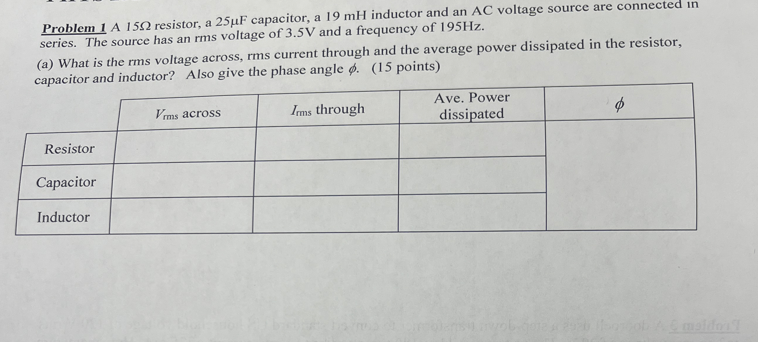 Solved Problem 1 ﻿A 15Ω ﻿resistor, a 25μF ﻿capacitor, a 19mH | Chegg.com