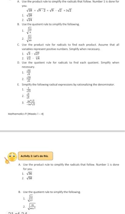 Solved A. Use the product rule to simplify the radicals that | Chegg.com