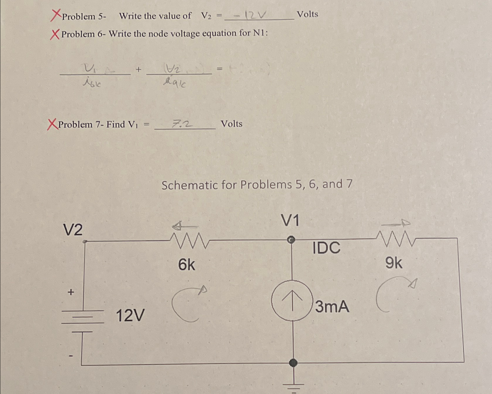 Solved Problem 5- ﻿Write the value of V2=, ﻿VoltsXProblem 6- | Chegg.com