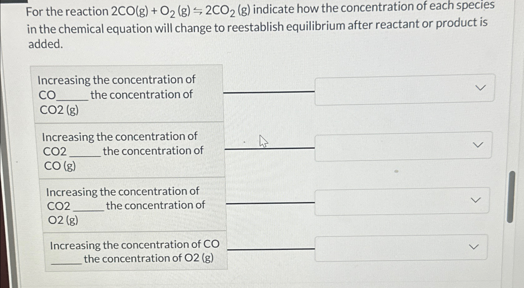 Solved For the reaction 2CO(g)+O2(g)⇋2CO2(g) ﻿indicate how | Chegg.com