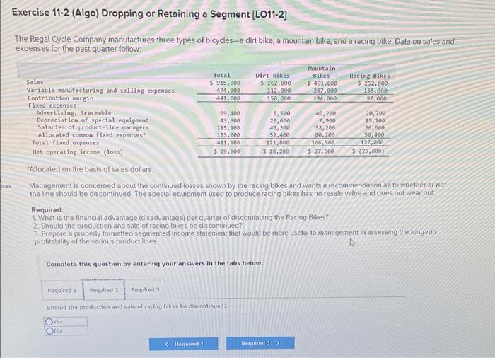 Solved xercise 11-2 (Algo) Dropping or Retaining a Segment | Chegg.com Solved xercise 11-2 (Algo) Dropping or Retaining a Segment | Chegg.com