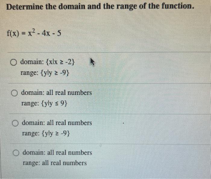 Solved Determine the domain and the range of the function. | Chegg.com