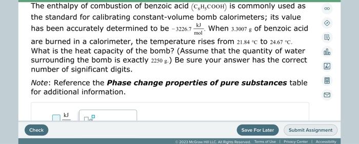 Solved The enthalpy of combustion of benzoic acid (C6H5COOH) | Chegg.com