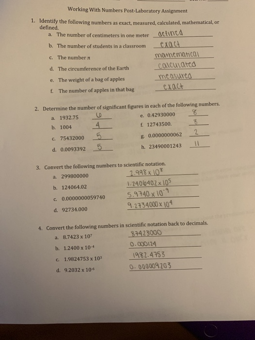Solved Working With Numbers Post-Laboratory Assignment 1. | Chegg.com