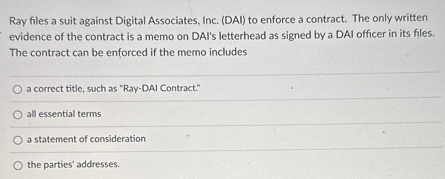 Solved Ray files a suit against Digital Associates, Inc. | Chegg.com