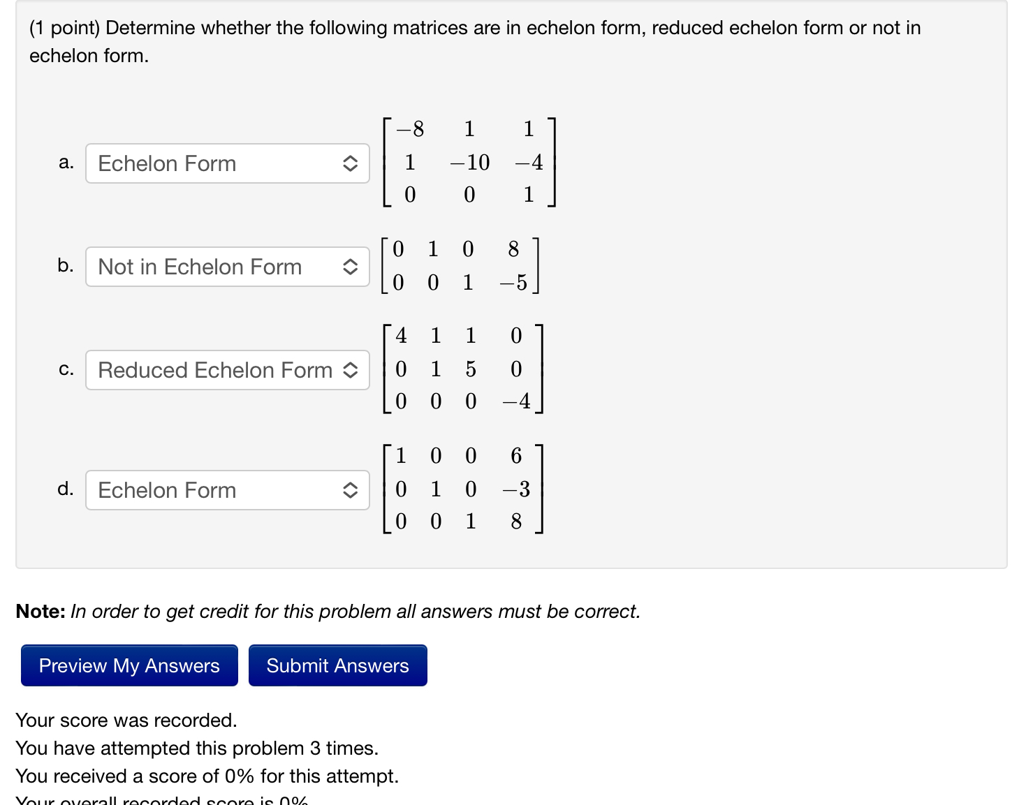 Solved (1 ﻿point) ﻿Determine whether the following matrices | Chegg.com