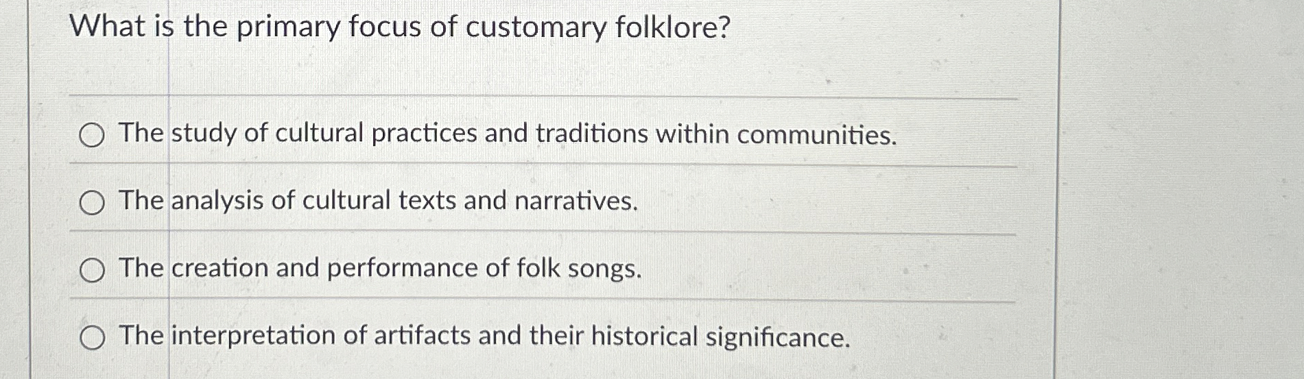 Solved What is the primary focus of customary folklore?The | Chegg.com