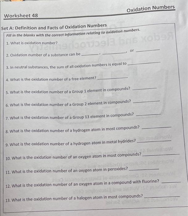Worksheet 48 Oxidation Numbers Set A: Definition and | Chegg.com