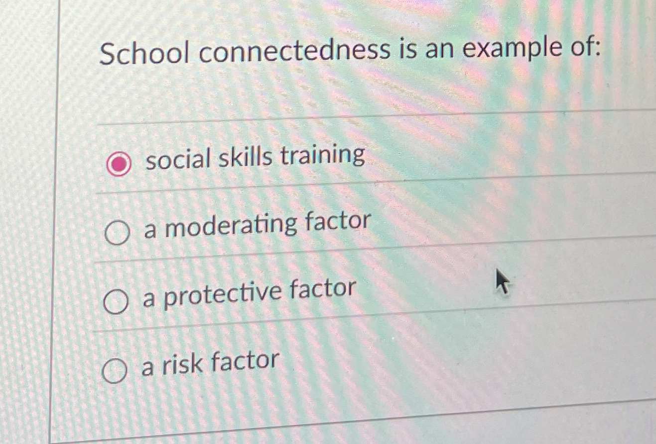 Solved School connectedness is an example of:social skills | Chegg.com