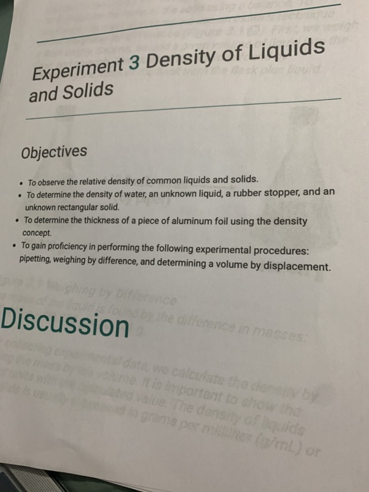 Experiment 3 Density of Liquids and Solids Objectives | Chegg.com