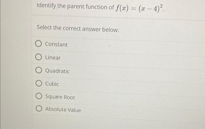 Solved Identify the parent function of f(x)=(x−4)2. Select | Chegg.com