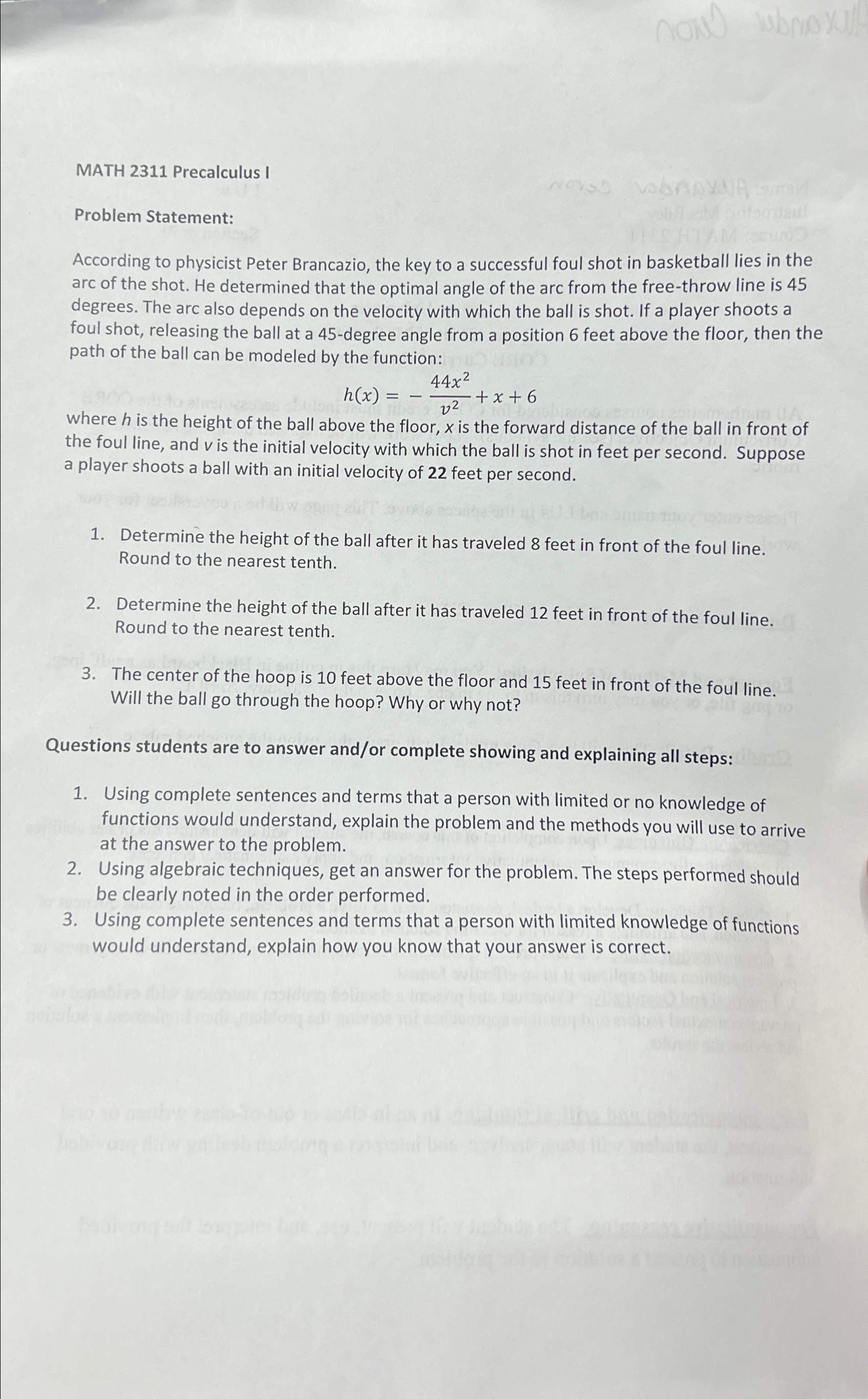 Solved MATH 2311 ﻿Precalculus IProblem Statement:According | Chegg.com