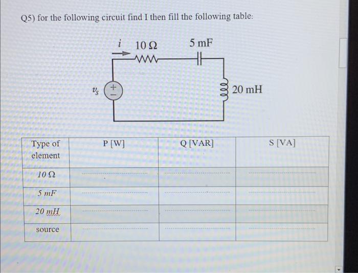 Solved Q5) for the following circuit find I then fill the | Chegg.com