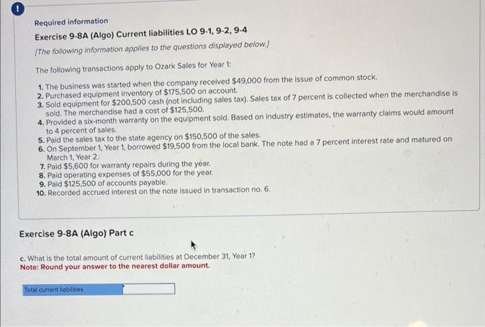 Solved Required information Exercise 9-8A (Algo) Current | Chegg.com