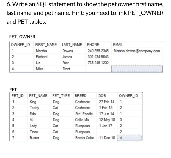 Solved 6. Write an SQL statement to show the pet owner first | Chegg.com