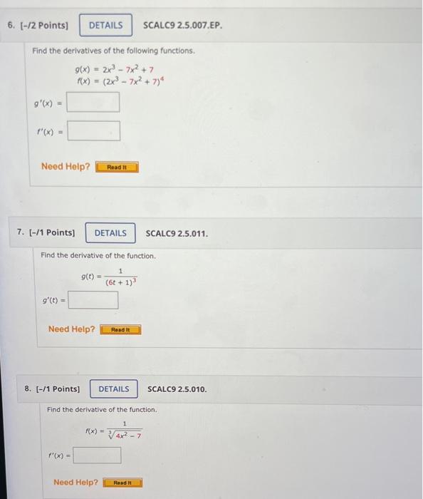 Solved SCALC9 2.5.007.EP. Find the derivatives of the | Chegg.com