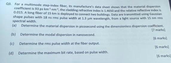 Solved Q3. For a multimode step-index fiber, its | Chegg.com