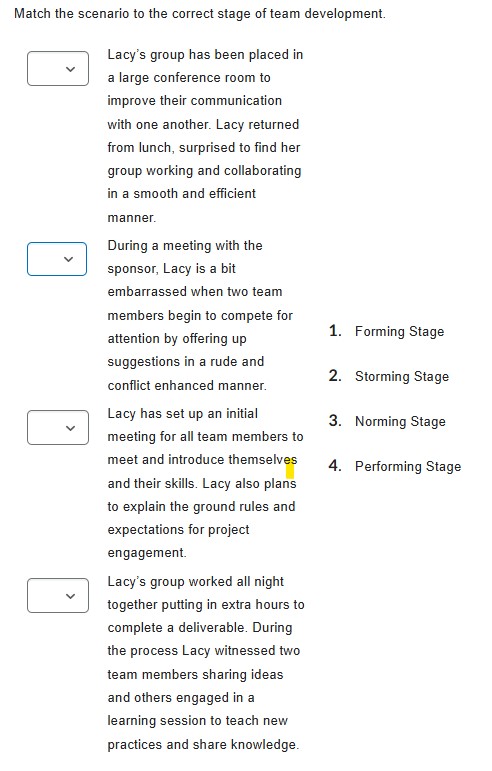 Solved Match the scenario to the correct stage of team | Chegg.com