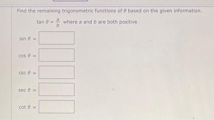 [Solved]: Find all six trigonometric functions of ( theta