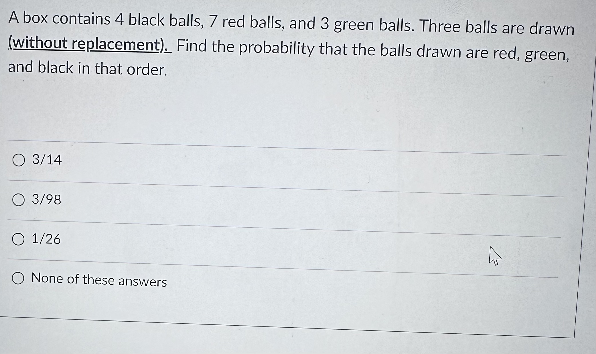 Solved A box contains 4 ﻿black balls, 7 ﻿red balls, and 3 | Chegg.com