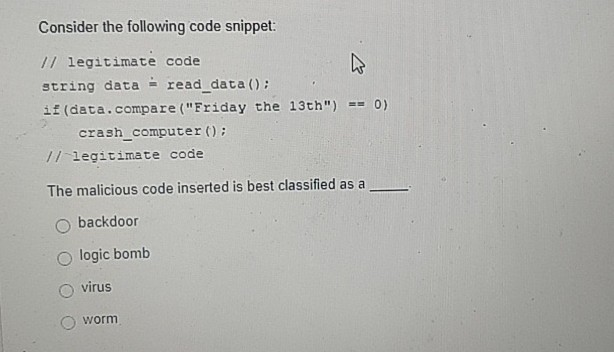 Solved Consider the following code snippet: 11 legitimate | Chegg.com