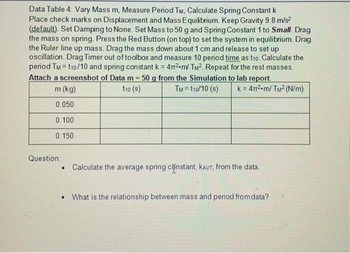 Solved Data Table 4: Vary Mass m, Measure Period TM, | Chegg.com