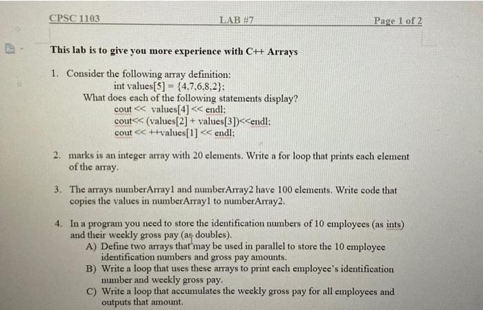 Solved CPSC 1103 LAB #7 Page 1 of 2 This lab is to give you | Chegg.com