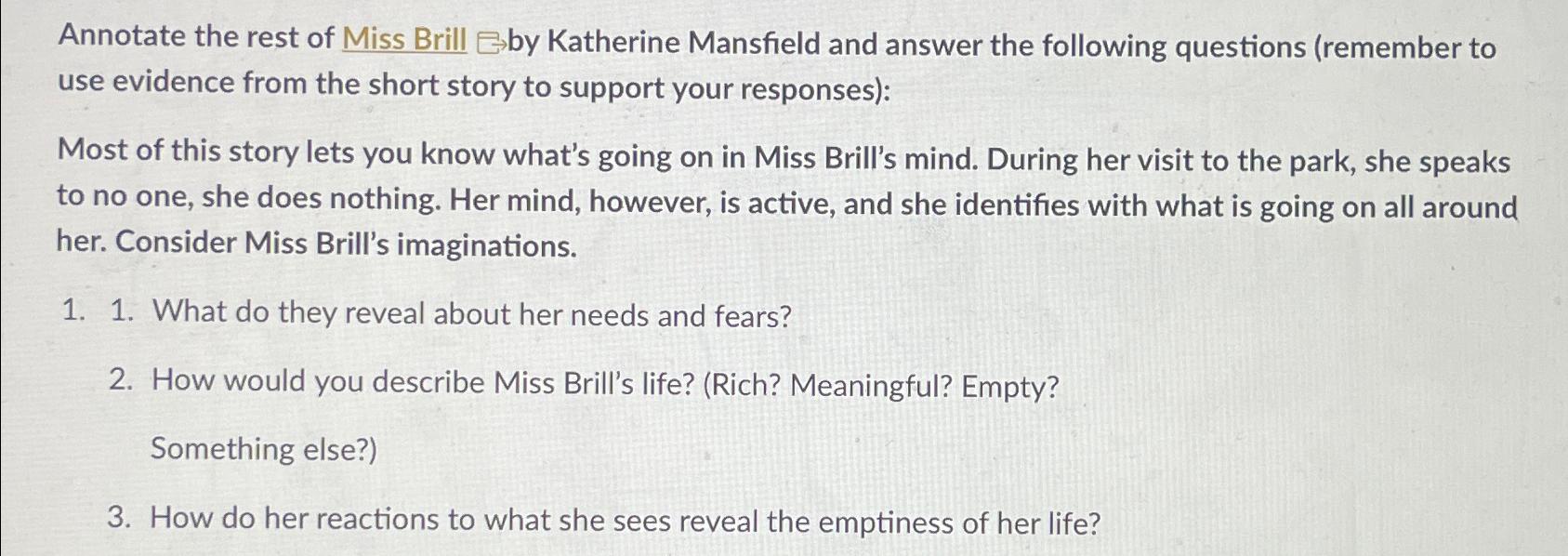 Solved Annotate the rest of Miss Brill by Katherine | Chegg.com