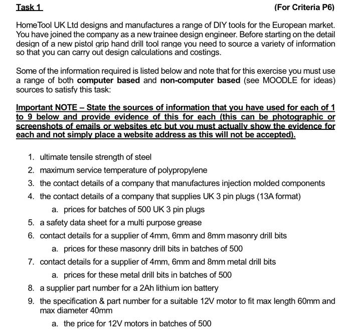 Solved Task 1 (For Criteria P6) Home Tool UK Ltd designs and | Chegg.com