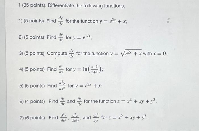 Solved 1 (35 points). Differentiate the following functions. | Chegg.com
